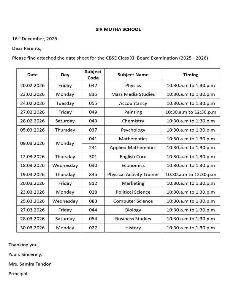 Date Sheet For The CBSE Class XII Board Examination (2025 - 2026) | PDF