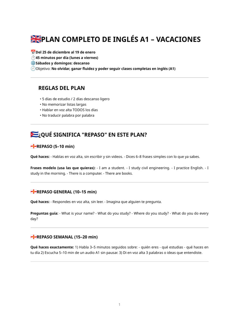 Plan De Inglés A1 – Vacaciones (ejercicios Guiados) | PDF