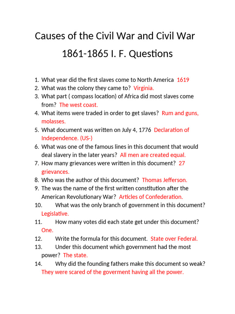 Copy of Part #1 -Causes of Civil War and Civil War I.F. Questions | PDF ...