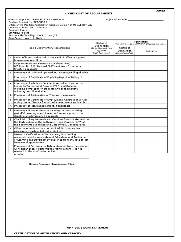 Annex C-Checklist of Requirements and Omnibus Sworn Statement | PDF
