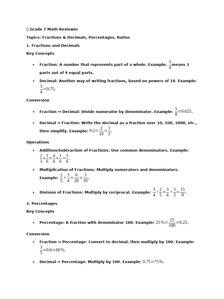 ? Grade 7 Math Reviewer - Fractions, Decimals, Ratios, Percentages ...