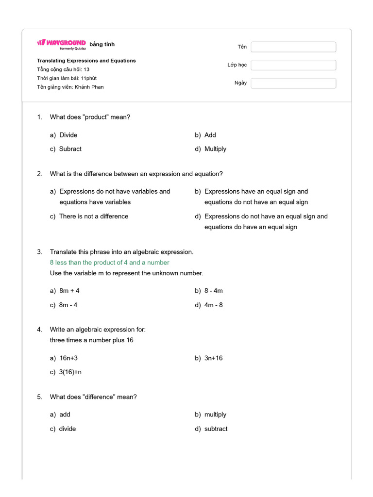 Quizizz - Translating Expressions and Equations | PDF | Equations ...