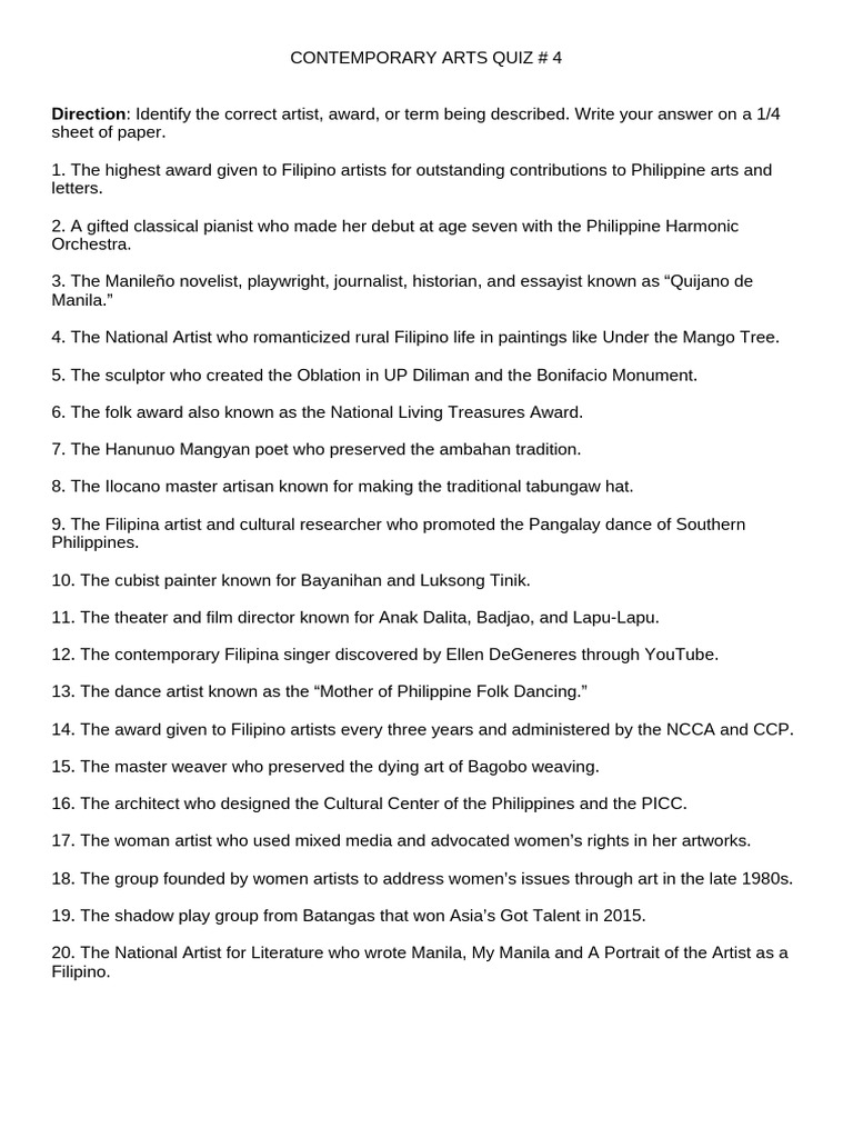 Contemporary Arts Quiz | PDF