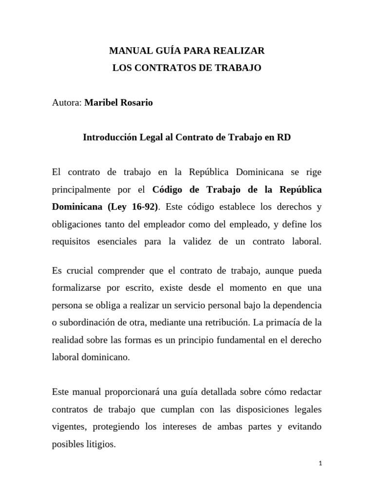 MANUAL GUÍA PARA REALIZAR CONTRATOS DE TRABAJO Autora Maribel Rosario ...