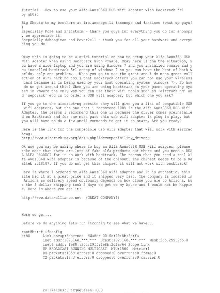 How To Setup Your Alfa Awus036h Usb Wifi With Backtrack | PDF | Wi Fi | Device Driver