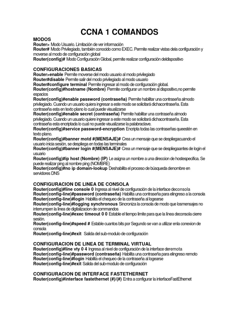 Ccna 1 Comandos | PDF | Enrutador (Computación) | Contraseña