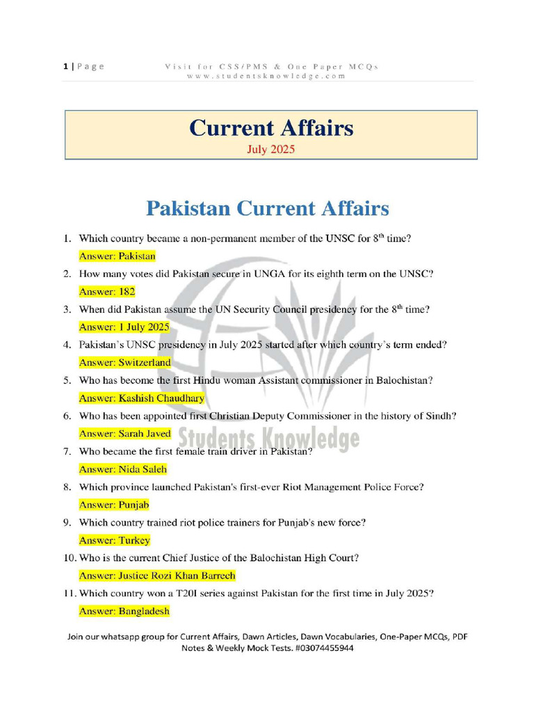 July 2025 - Full Month Current Affairs | PDF