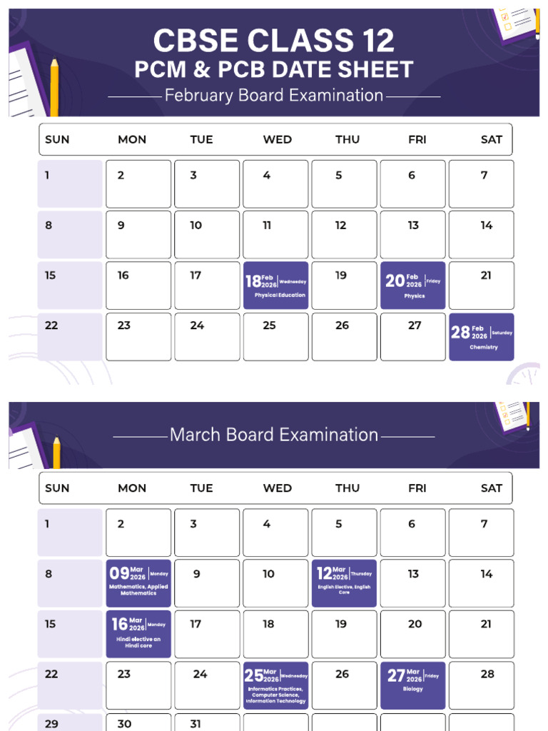 CBSE Class 12 PCM & PCB Exam Calendar 2026 - 1767829601720 | PDF