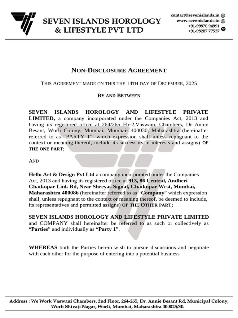 Hello Art & Designs - NDA - Final | PDF | Legal Remedy | Arbitration