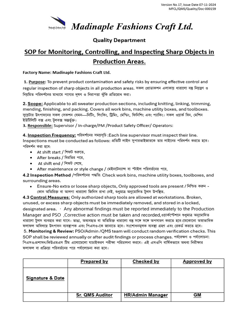 159.SOP for Monitoring, Controlling, And Inspecting Sharp Objects in ...