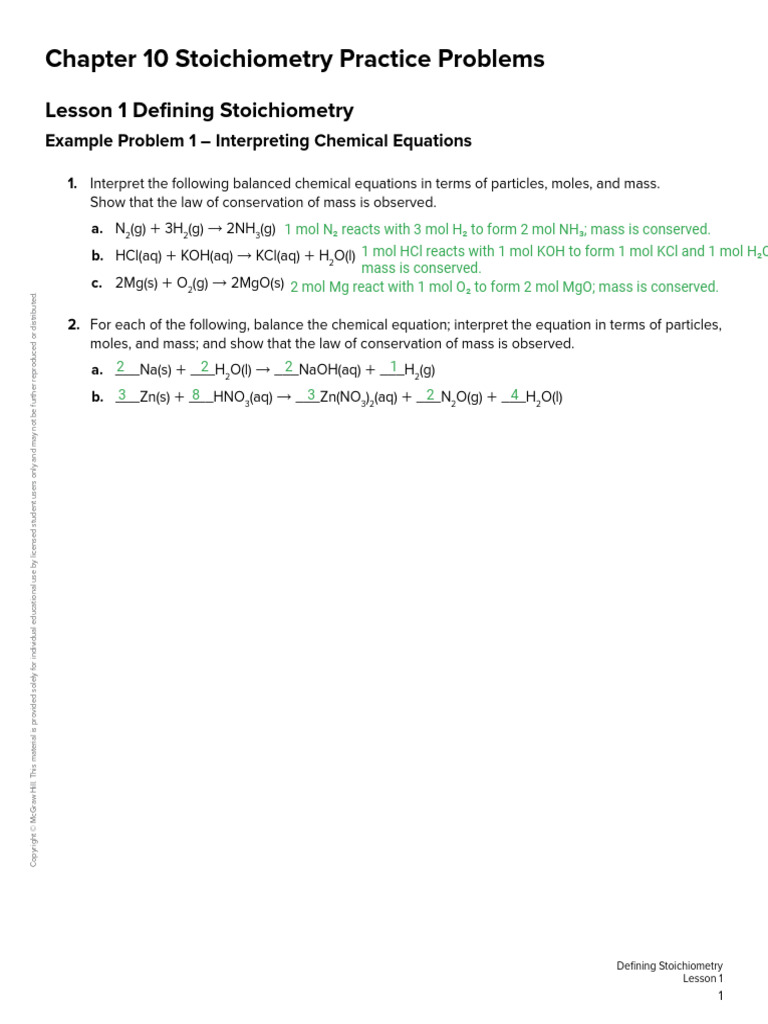 Practice Problems Defining Stoichiometry Printable | PDF | Mole (Unit ...
