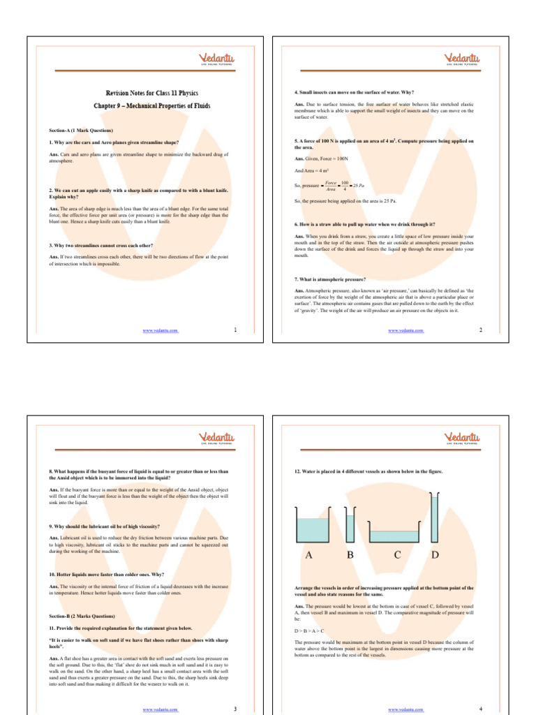 Mechanical Properties of Fluids Class 11 Physics Notes - Free PDF | PDF ...