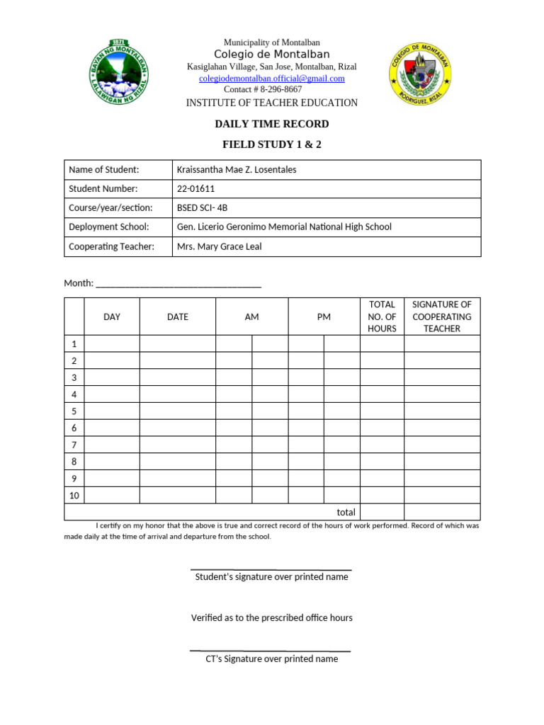 Field Study 1 2 Daily Time Record | PDF