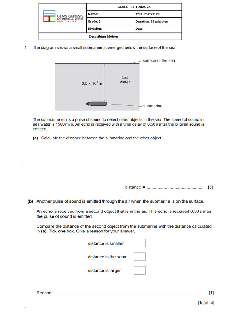 Grade 9 Ch 2 Test QP | PDF | Speed | Submarines