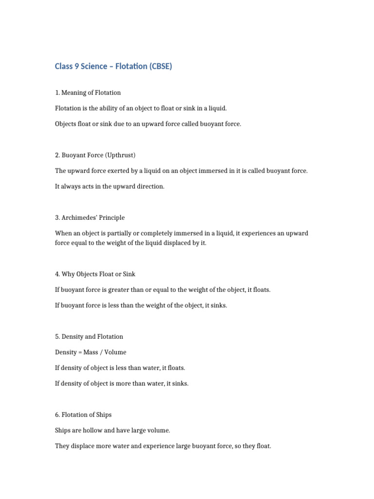 Class 9 Flotation CBSE Notes | PDF