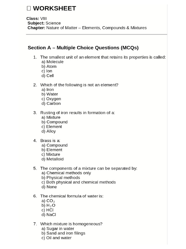 Class 8 Chapter Nature of Matter Assignment | PDF
