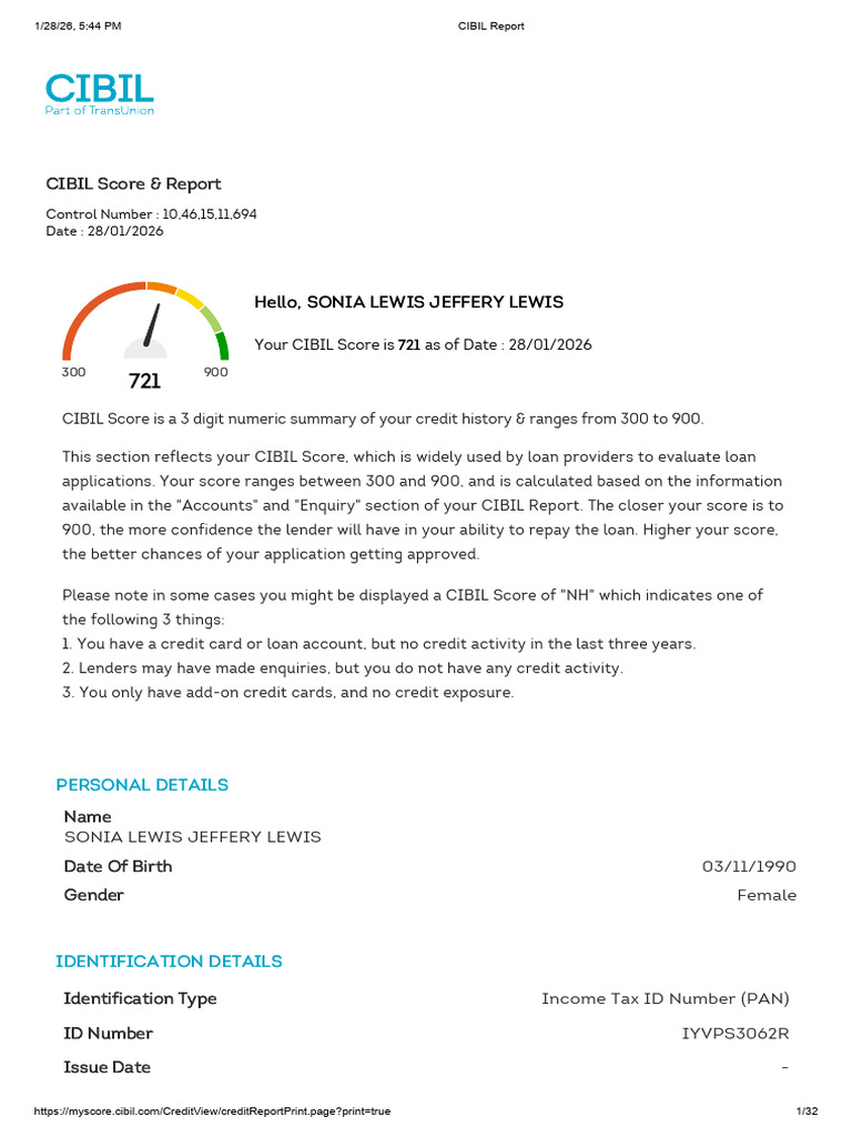 Sonia Lewis Jeffery Lewis Cibil Report | PDF | Credit | Finance & Money ...