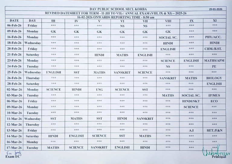 Revised Datesheet For Term II Annual Exam 2025 26 | PDF