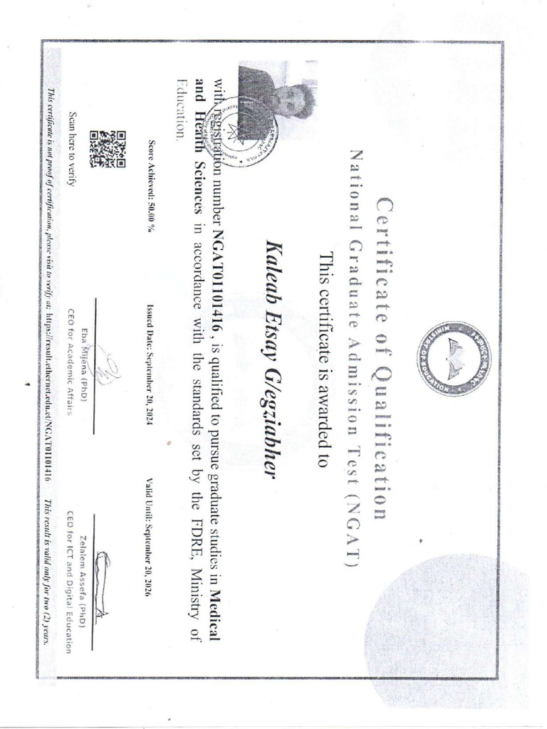Graduation Admission Test Certificate Sample in Ethiopia | PDF
