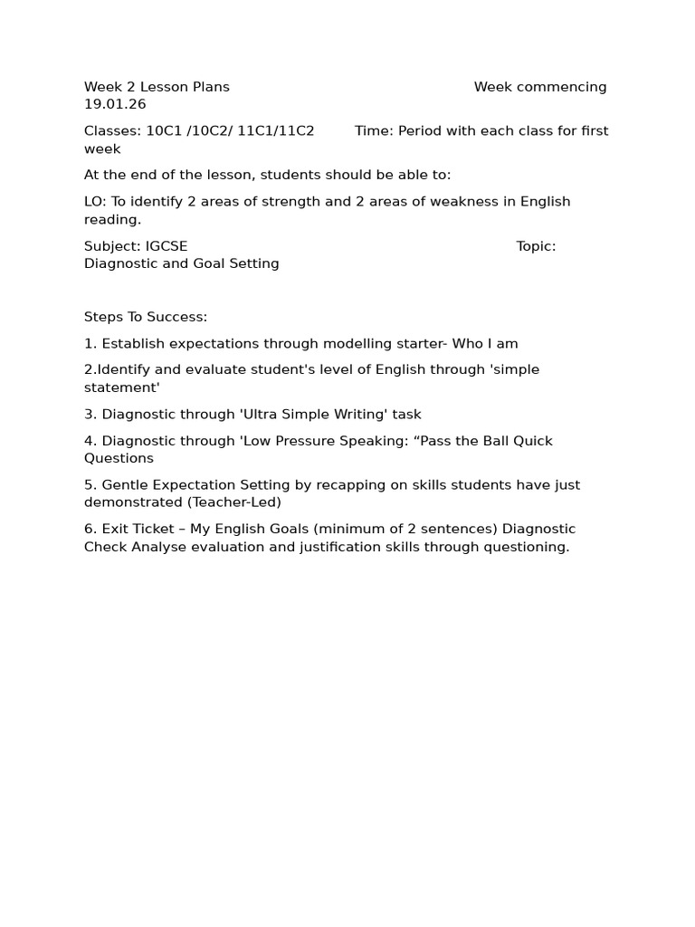 Week 2 Lesson Plans Week Commencing 19 | PDF