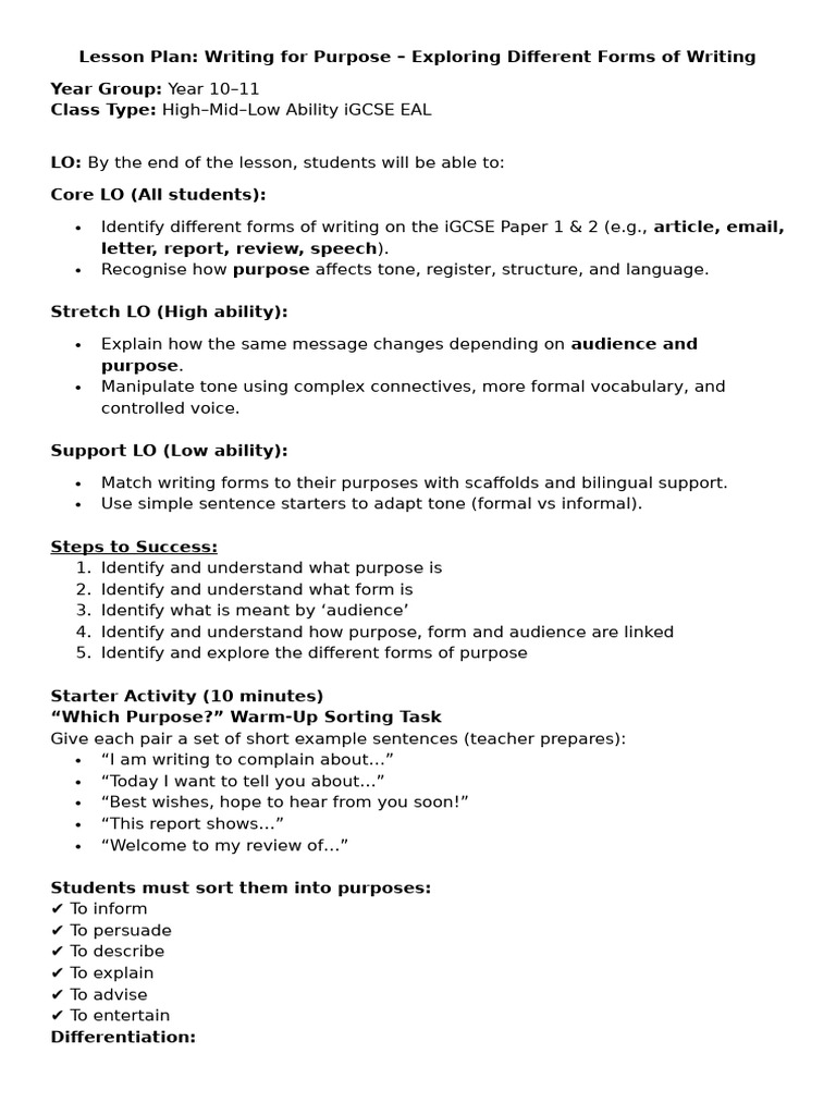 Writing For Purpose Lesson Plan | PDF | Tone (Linguistics) | Teachers