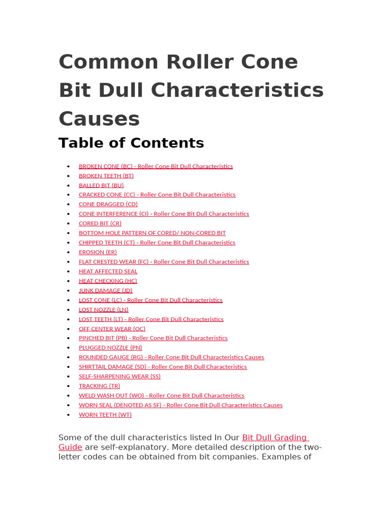 Mon Roller Cone Bit Dull Characteristics Causes | PDF | Tooth | Wear