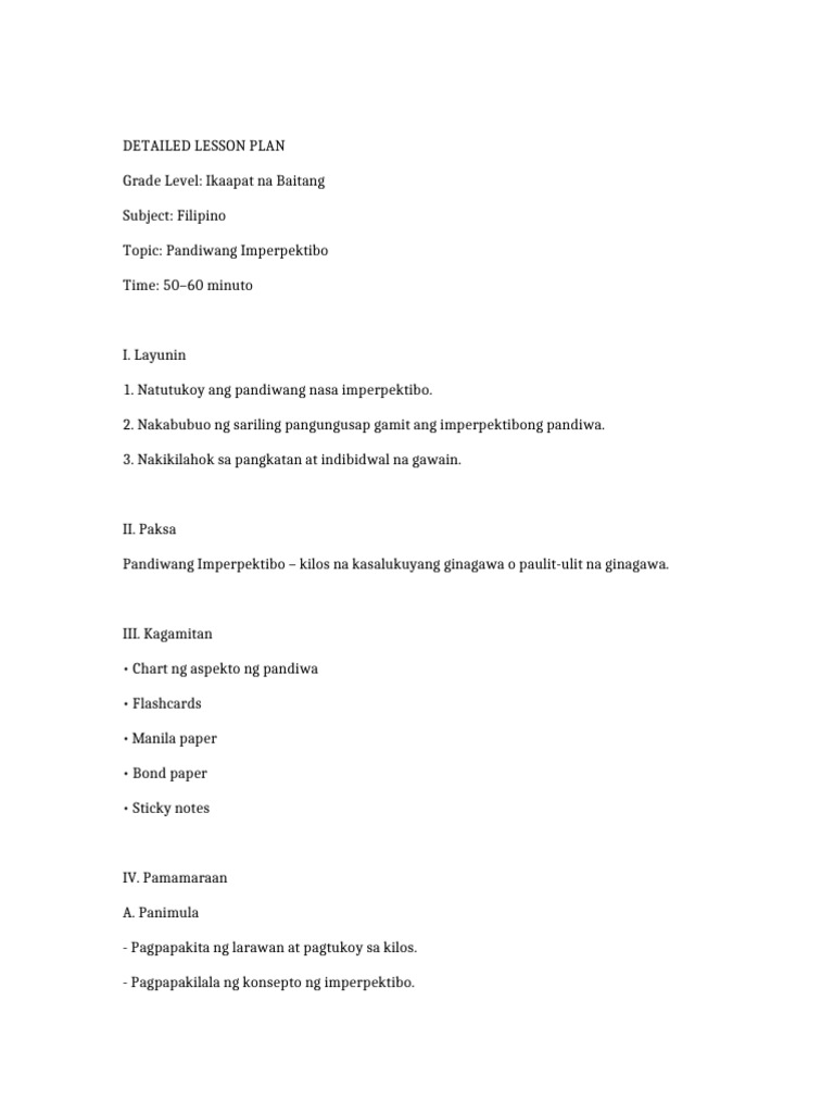 Lesson Plan Pandiwang Imperpektibo | PDF