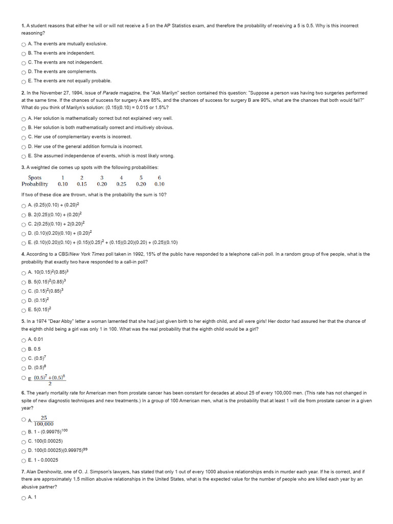 AP Statistics Multiple-Choice Practice Questions - Probability As ...