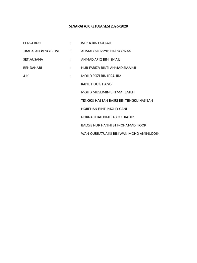 Senarai Ajk Ketuja Sesi 2026 | PDF