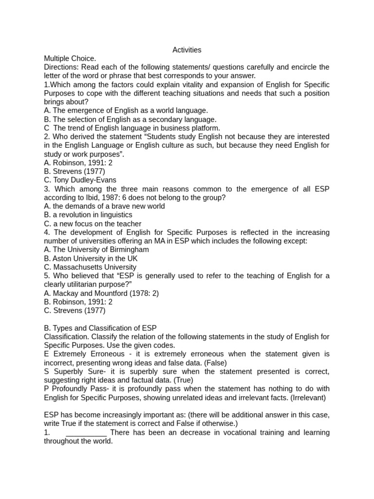 Activities For ESP Chapter 1 | PDF | Teachers | English Language
