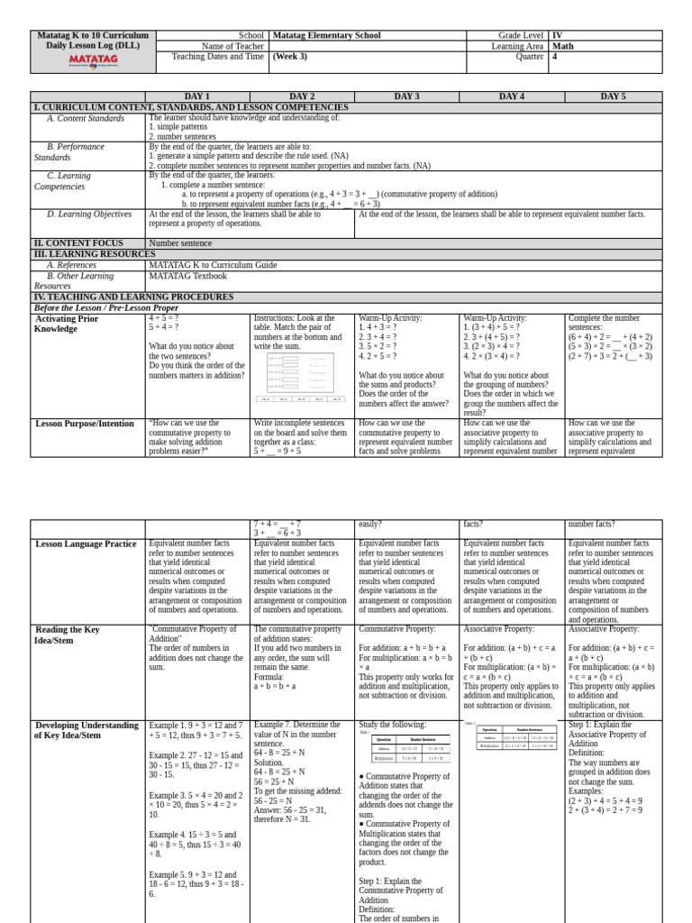 Quarter 4-MATH 4 WEEK 3-DLL | PDF | Curriculum | Multiplication