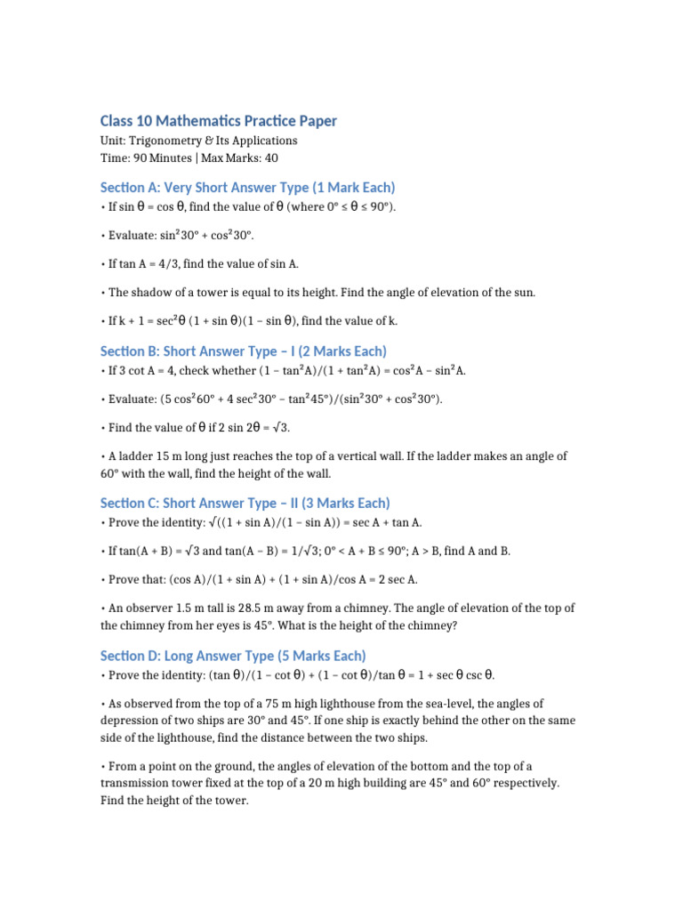 Class 10 Trigonometry Practice Paper | PDF | Trigonometry | Angle