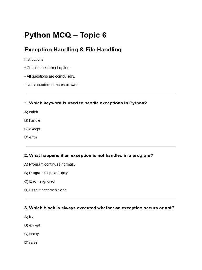Mcq Python 6 Exception Handling & File Handling.pdf | PDF