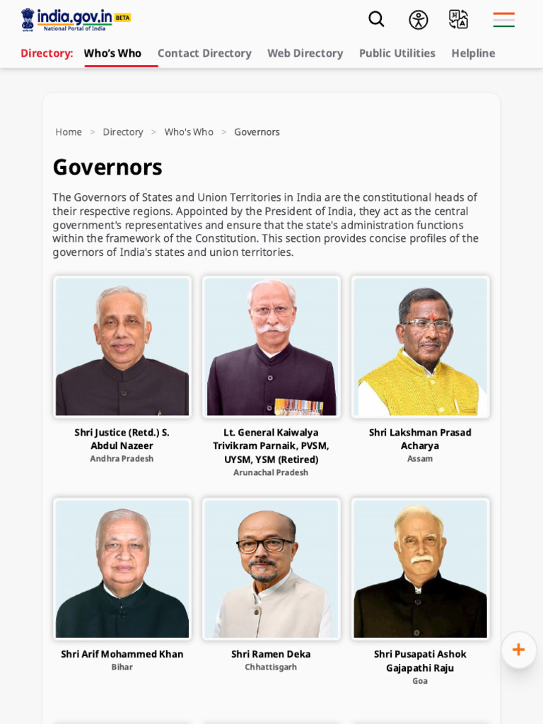 Governors - Who's Who - Directory - National Portal of India | PDF