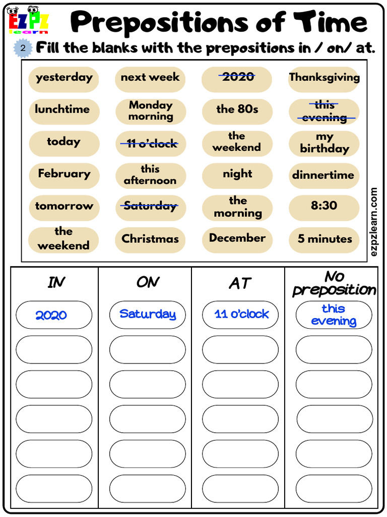 Prepositions of Time Fill in The Blanks With in On at Grammar Exercise ...