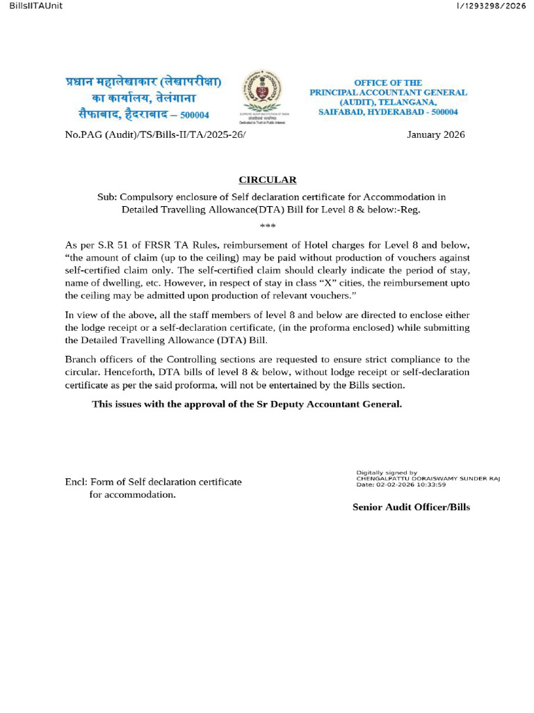 Signed TA Circular On Self Declaration Certificate For Accomodation | PDF