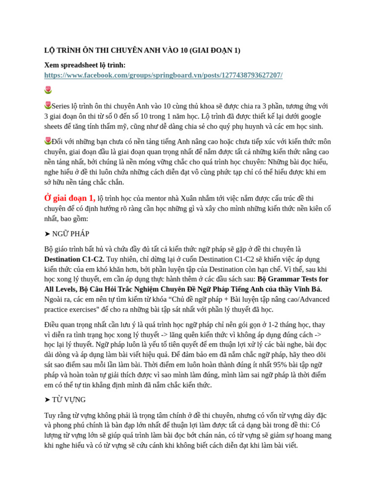 L Trình Ôn Thi Chuyên Anh Vào 10 | PDF