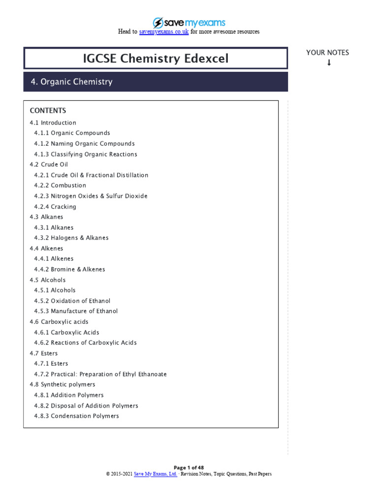 Organic Complete Notes-IGCSE | PDF | Alkene | Cracking (Chemistry)