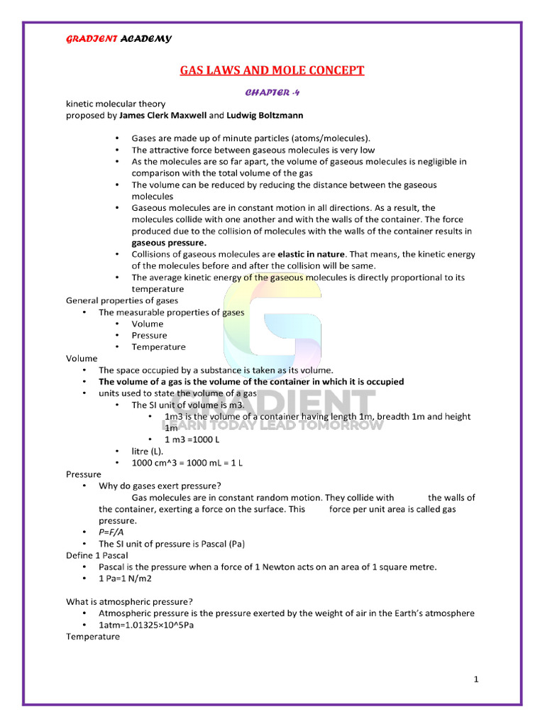 Gas Laws and Mole Concept Ch 4 Complete Notes Gradient Academy | PDF