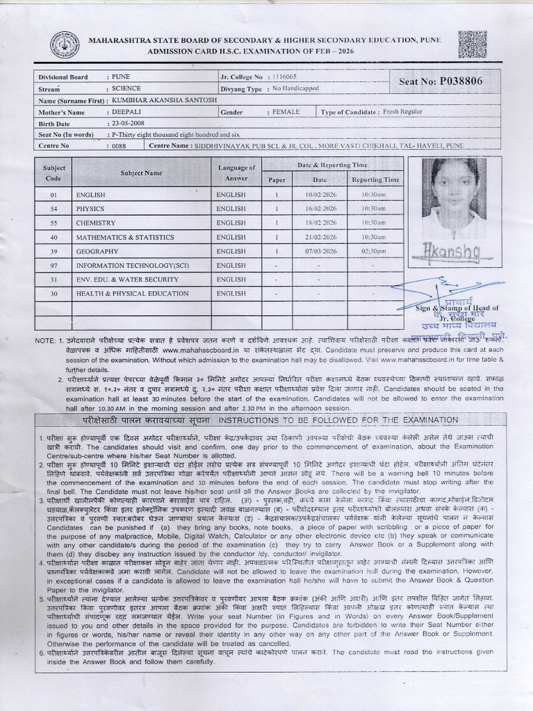 Hall Ticket HSC - Didi | PDF