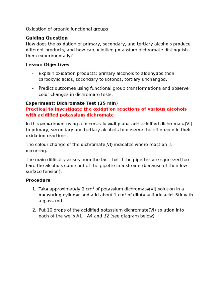 Experiment Oxidation of Organic Functional Groups | PDF