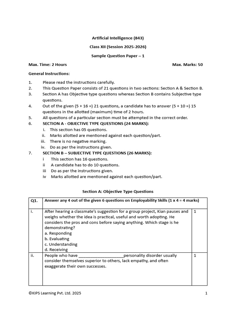 AI 12 Sample Paper 1 | PDF | Artificial Intelligence | Intelligence (AI ...