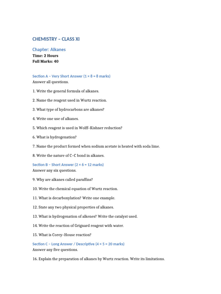 Class XI Chemistry Alkanes Question Paper 40 Marks | PDF