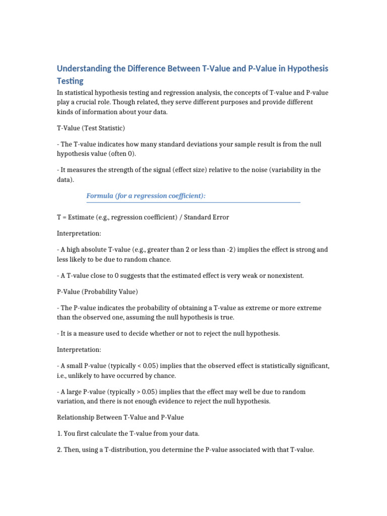 T_Value_vs_P_Value | PDF | P Value | Null Hypothesis