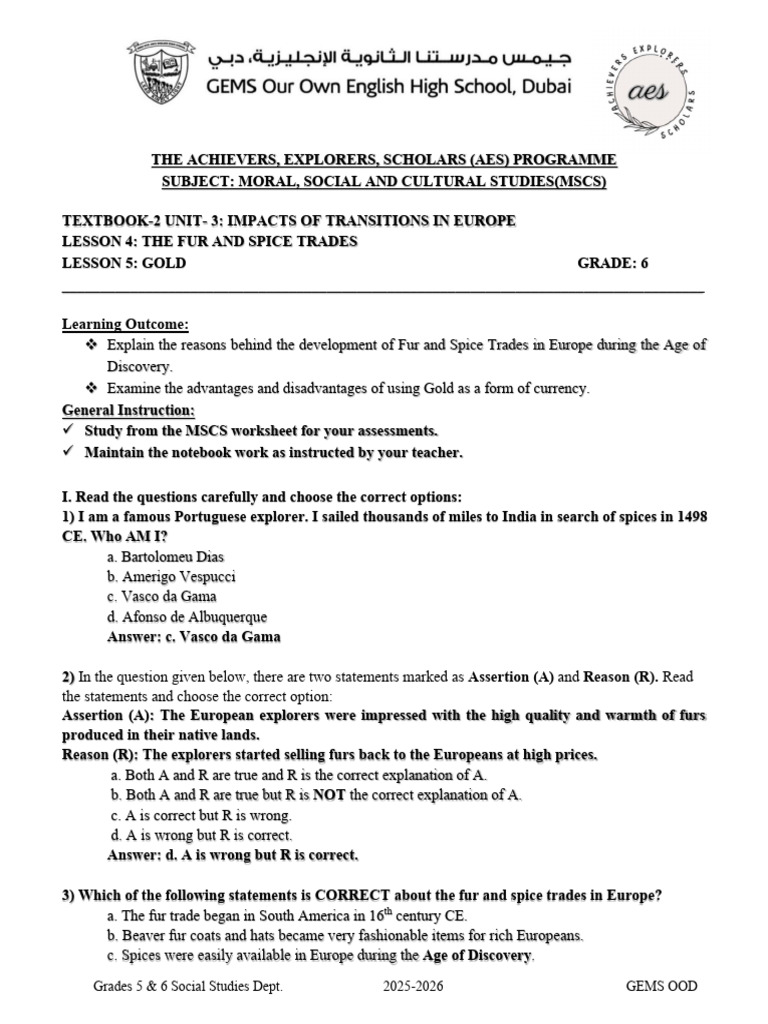 Grade-6 Book 2- Unit 3 Lesson 4 5 The Fur and Spice Trade and Gold ...