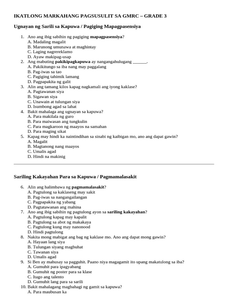 Ikatlong Markahang Pagsusulit Sa GMRC | PDF
