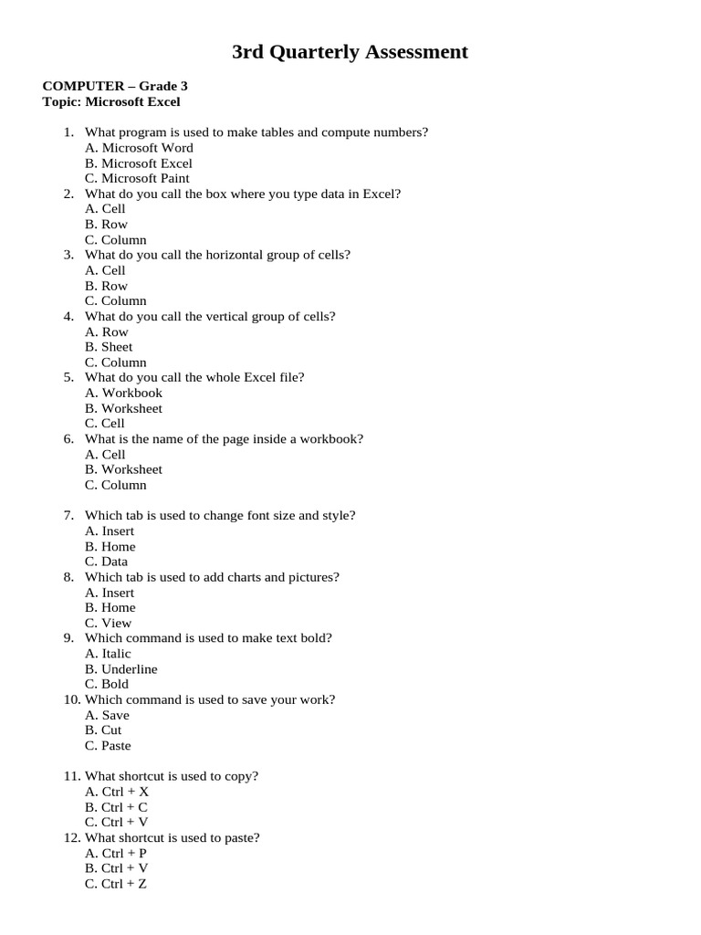 3rd Quarterly Assessment - COMPUTER 3 | PDF | Microsoft Excel | Text