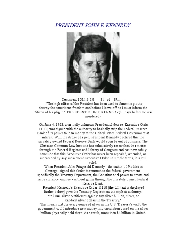 President John F Kennedy vs Federal Reserve/ Banking Families ...