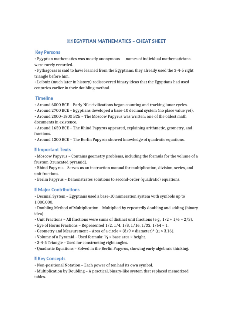 Egyptian Mathematics Cheat Sheet | PDF | Multiplication | Mathematics