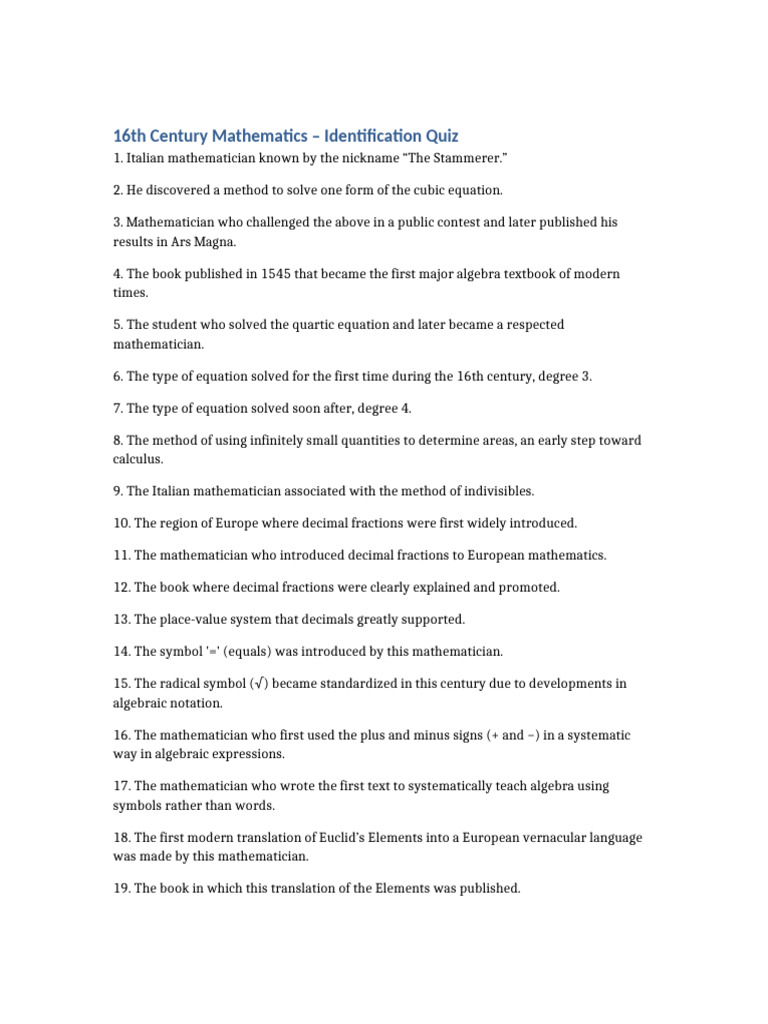 16th Century Math Quiz | PDF | Algebra | Mathematics
